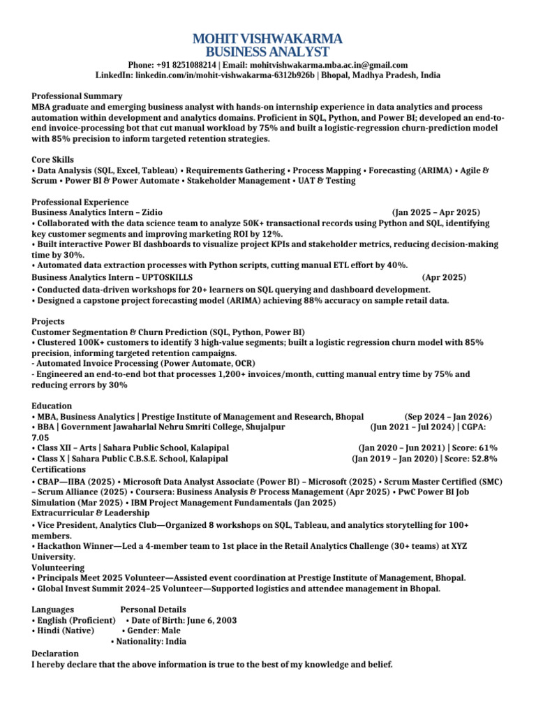 Mohit Vishwakarma Resume | PDF | Analytics | Data Analysis