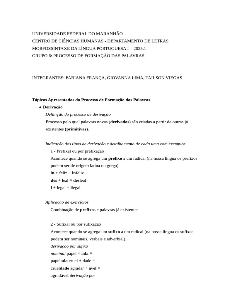 Formação de Palavras: Prefixação e Derivação | PDF | Morfologia ...