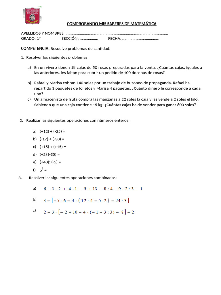 Comprobando Mis Saberes de Matemática 1° Iiib | PDF