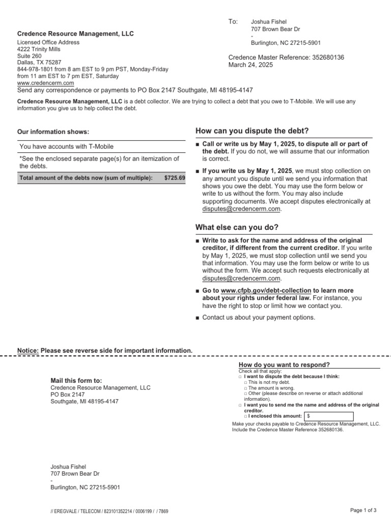 Credence Resource Management Debt Notice | PDF | Debt | Business