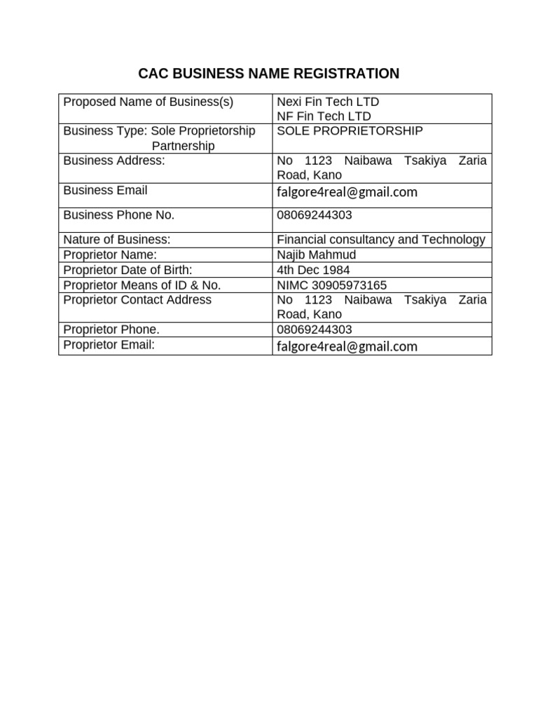 Cac Business Name Registration | PDF