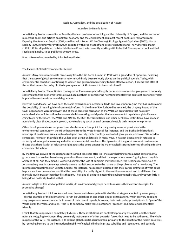 Ecology, Capitalism, and The Socialization of Nature | PDF | Capitalism ...