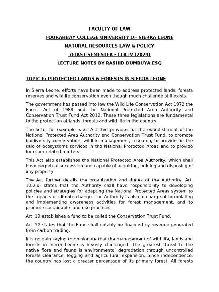 Topic 6 NRLP First Semester LLB 4 Protected Lands and Forests in Sierra Leone | PDF | Protected ...