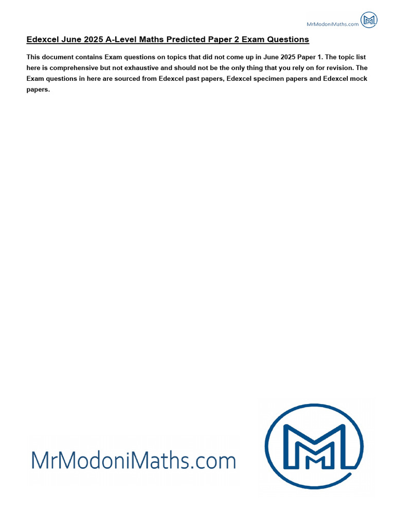 Edexcel June 2025 ALevel Maths Predicted Paper 2 Exam Questions by Topic | PDF | Equations ...