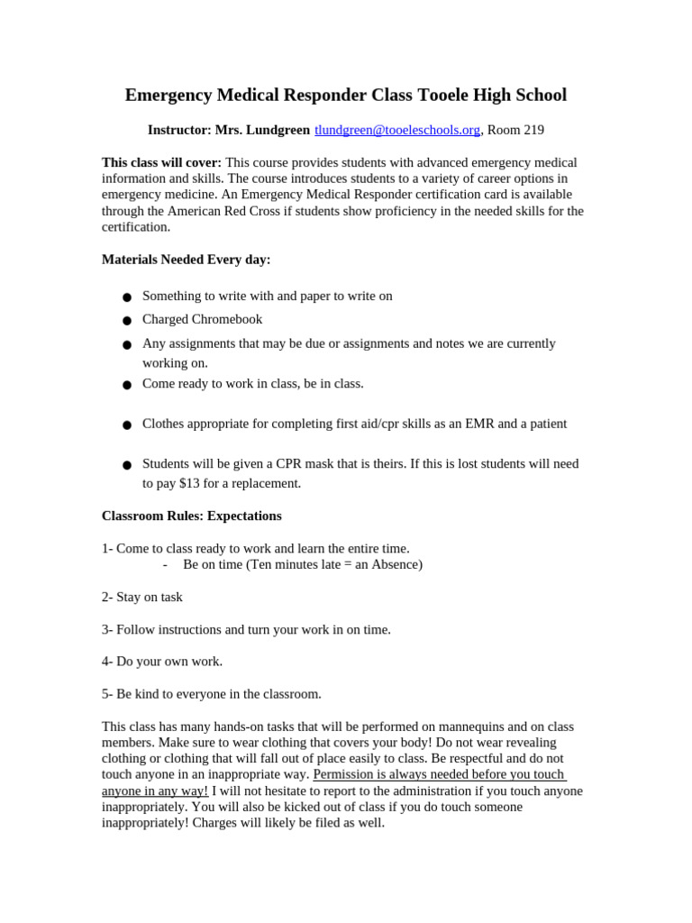 EMR Class Overview at Tooele High School | PDF | Vocational Education