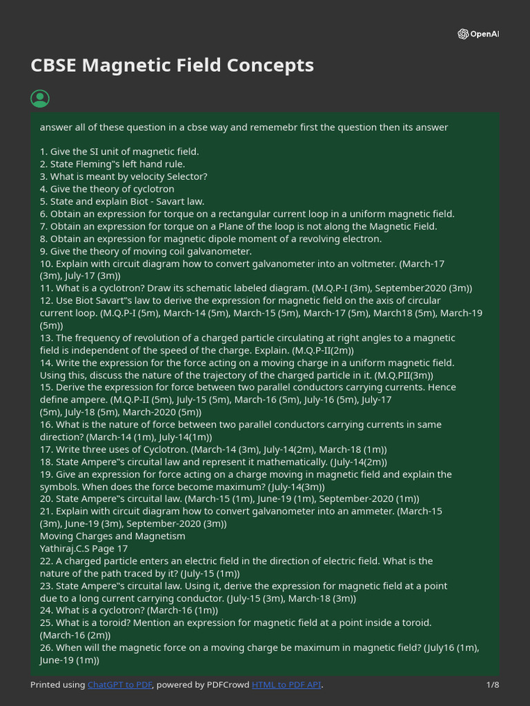 CBSE Magnetic Field Concepts | PDF | Magnetic Field | Electric Current