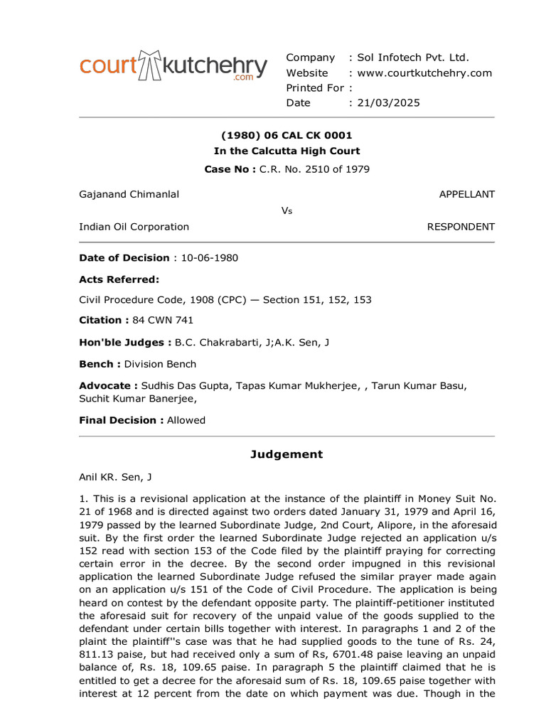 Gajanand Chimanlal Vs Indian Oil Corporation | PDF | Lawsuit | Judgment (Law)