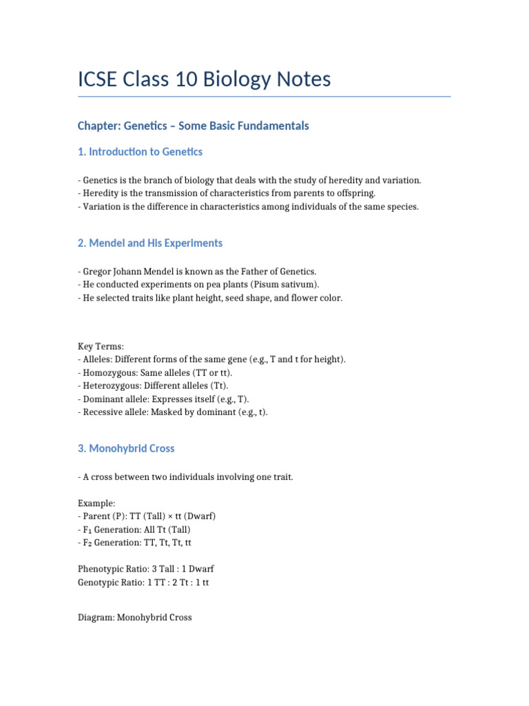 ICSE Class 10 Biology Genetics Notes | PDF