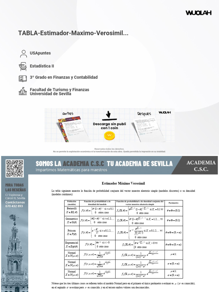Wuolah Free TABLA Estimador Maximo Verosimil y Ejemplos | PDF | Teoría ...