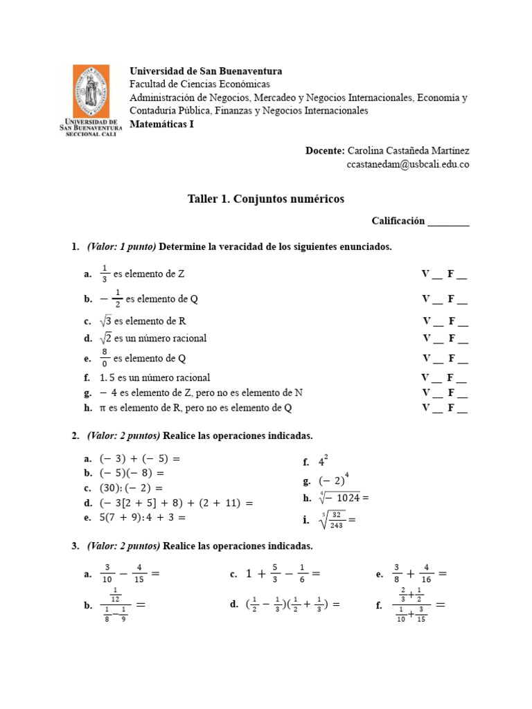 Taller 1 - Conjuntos Numéricos | PDF | Matemáticas | Economias