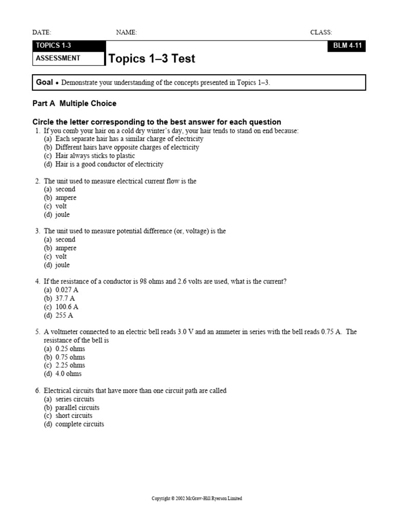 Electricity Topic 1 3 Practice | PDF | Electric Current | Voltage
