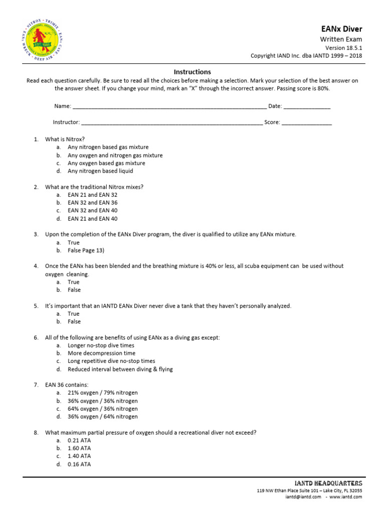 Iantd Eanx Diver Exam 1851 2 | PDF | Scuba Diving | Underwater Diving