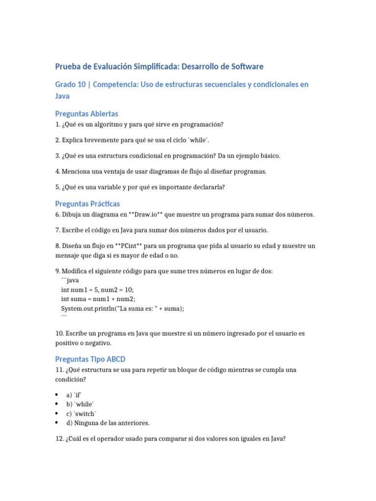 Prueba Evaluacion Java Grado 10 | PDF | Java (lenguaje de programación) | Programa de computadora