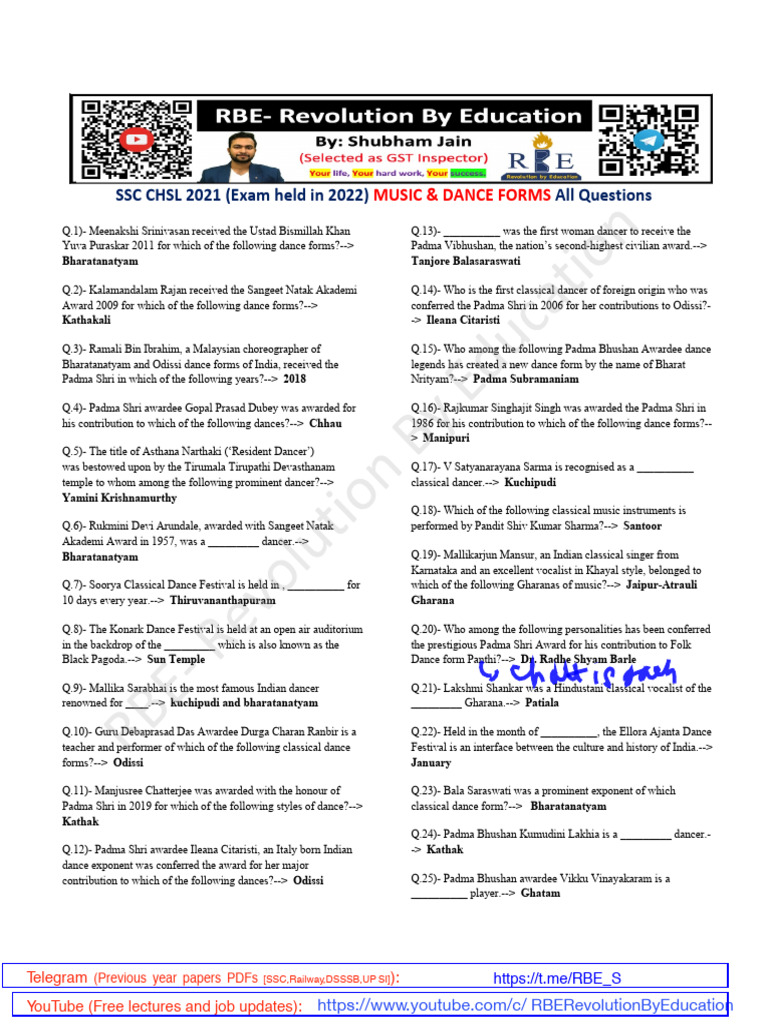 CHSL 2021 Music and Dance Forms - RBE | PDF