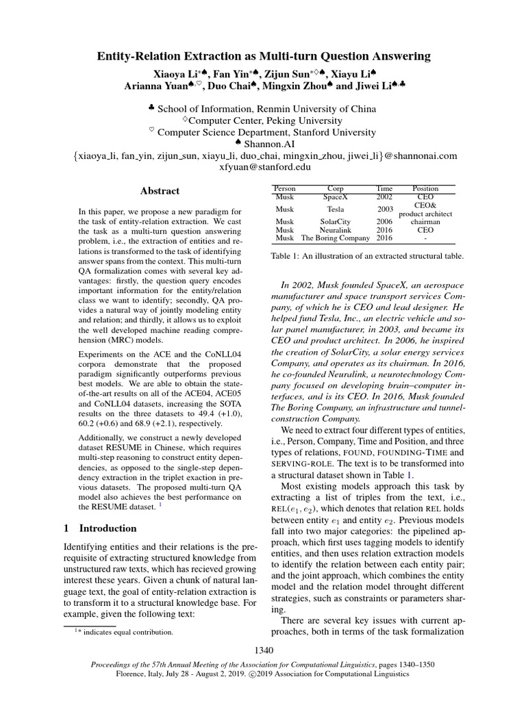 Multi-turn QA for Entity-Relation Extraction | PDF | Elon Musk ...