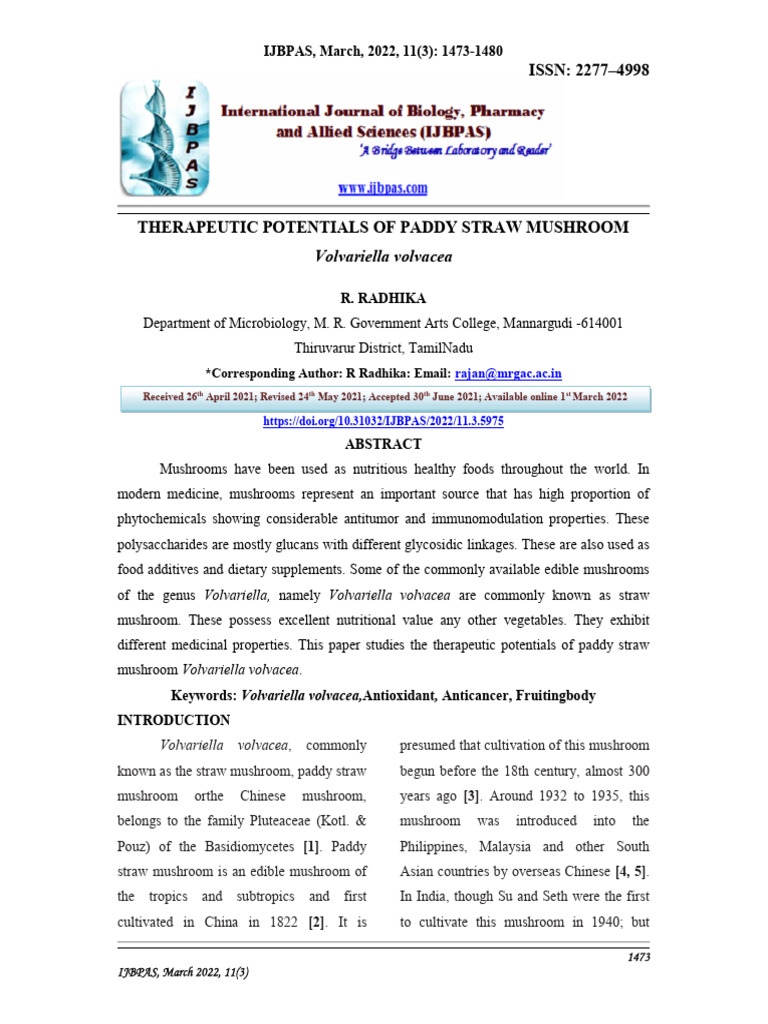 Therapeutic Potentials of Paddy Straw Mushroom Volvariella 1i22lptt ...