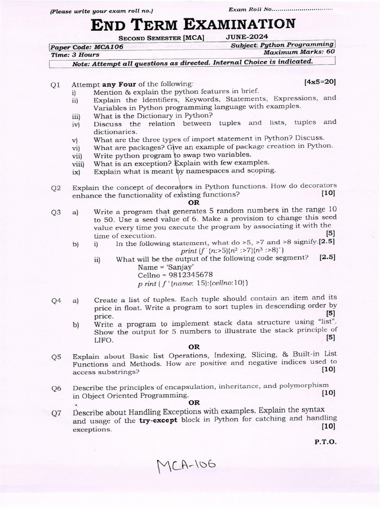 MCA 106 Python Programming-External June 2024 | PDF