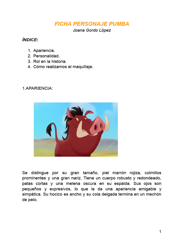 Ficha del personaje Pumba: apariencia y maquillaje | PDF