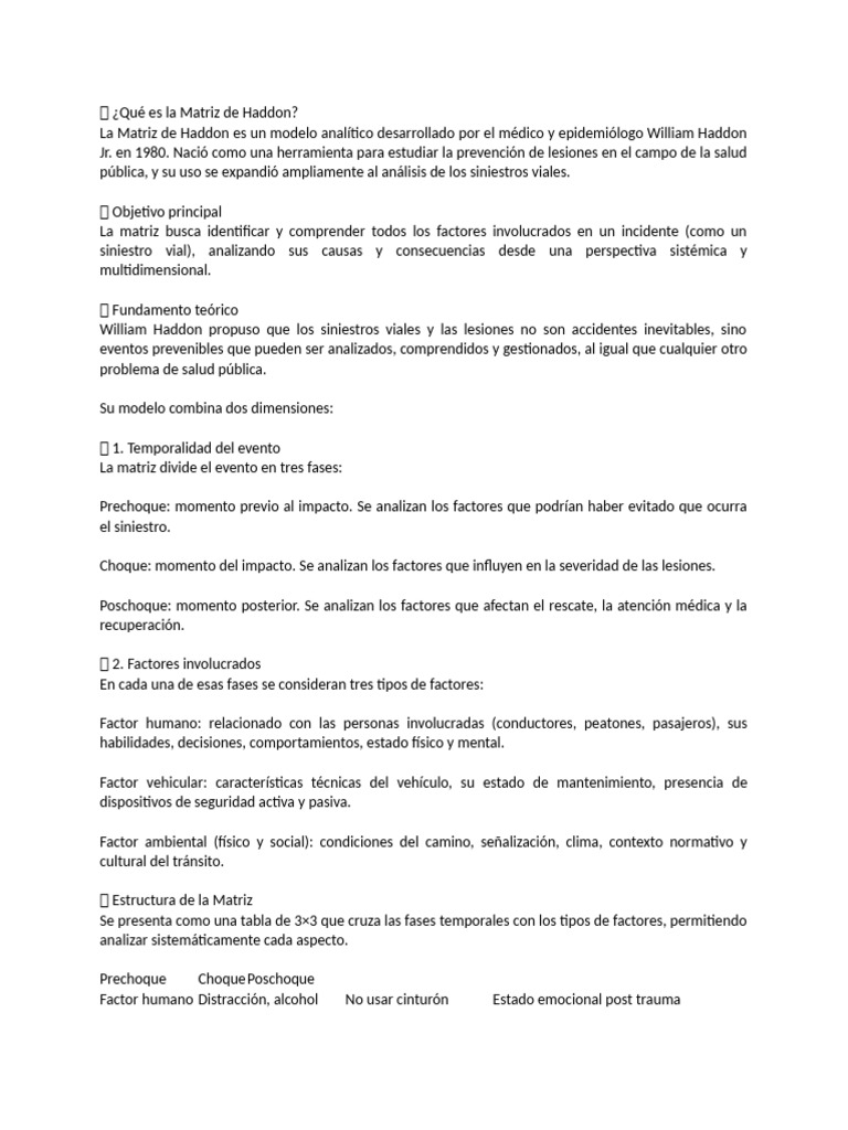 Matriz De Haddon En Seguridad Vial Pdf Seguridad Vial