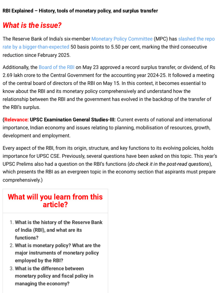 RBI Explained - History, Tools of Monetary Policy, and Surplus Transfer ...