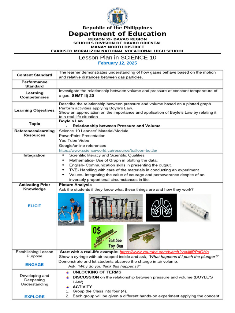 Boyle's Law Lesson Plan for Science 10 | PDF | Gases | Pressure