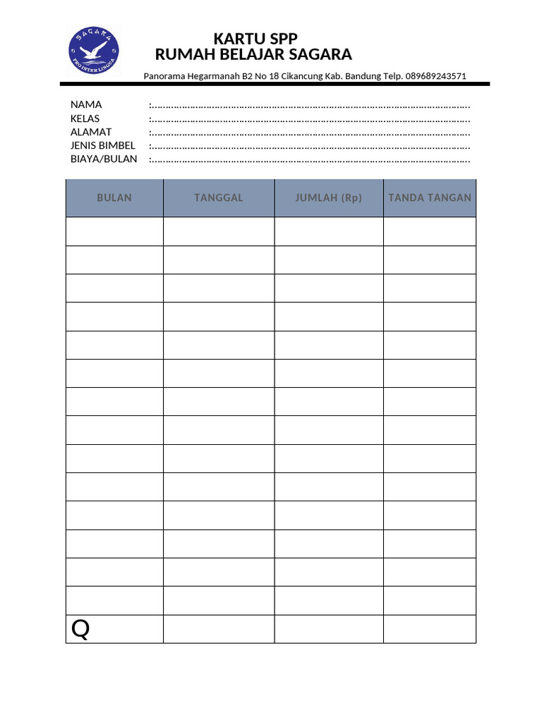 KARTU SPP RUMAH BELAJAR SAGARA | PDF
