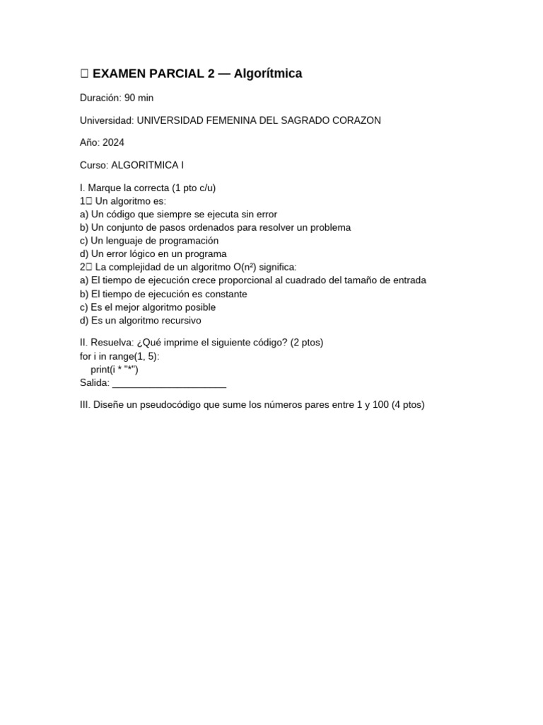 Examenes Programacion 2024 1 | PDF