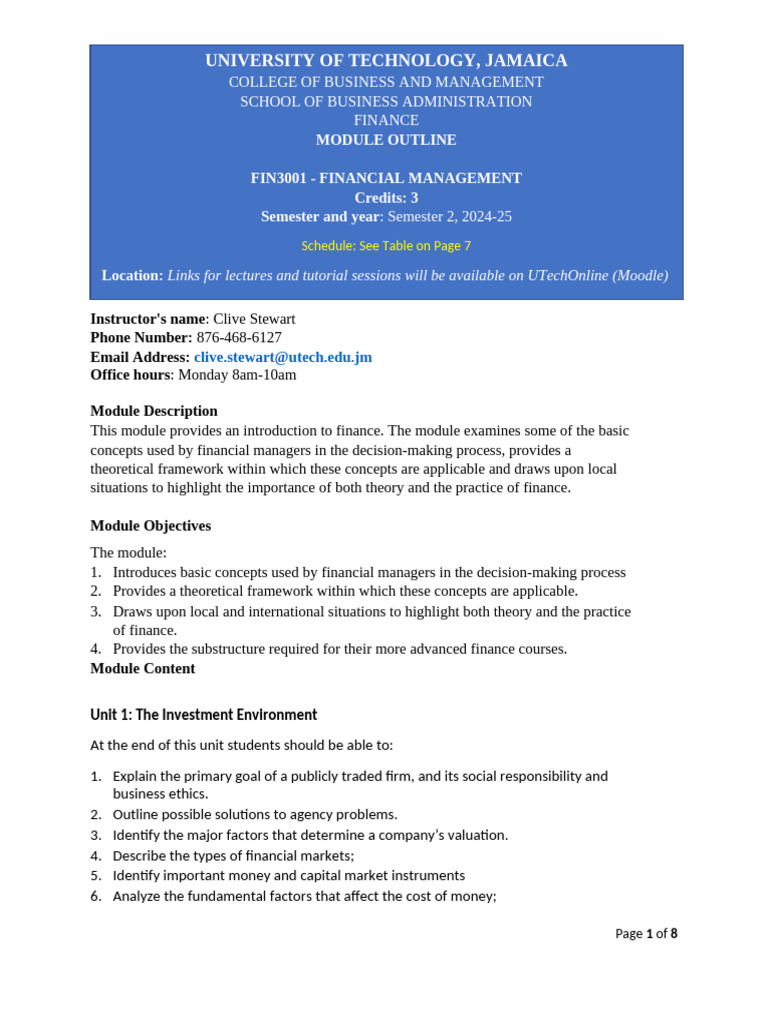 Financial Management Semester 2 2024-25 Course Outline | PDF | Present ...