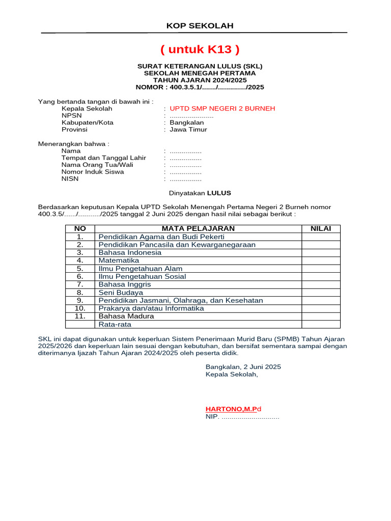SKL dan Transkrip Nilai SMP 2024/2025 | PDF