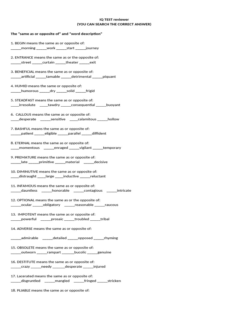 IQ Test Review: Vocabulary & Antonyms | PDF