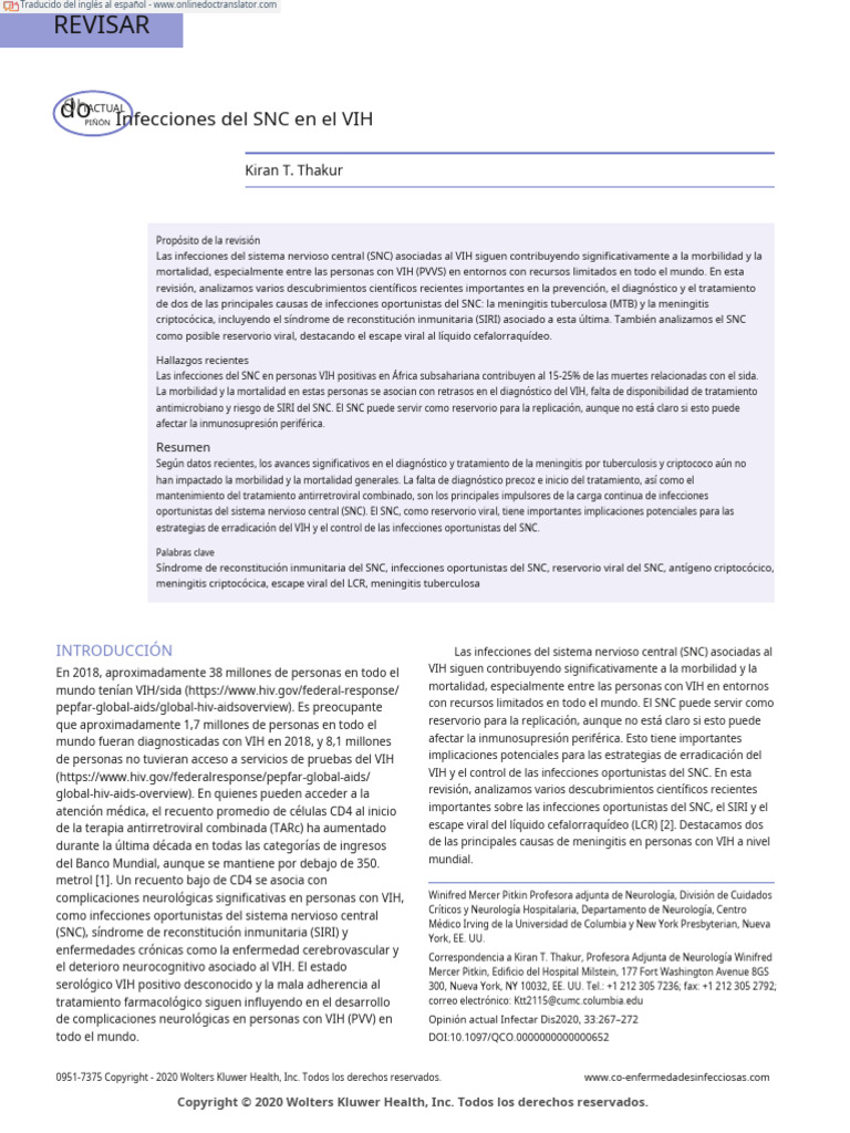 Vih Infecciones Del SNC 2.en - Es | PDF | Tuberculosis | VIH