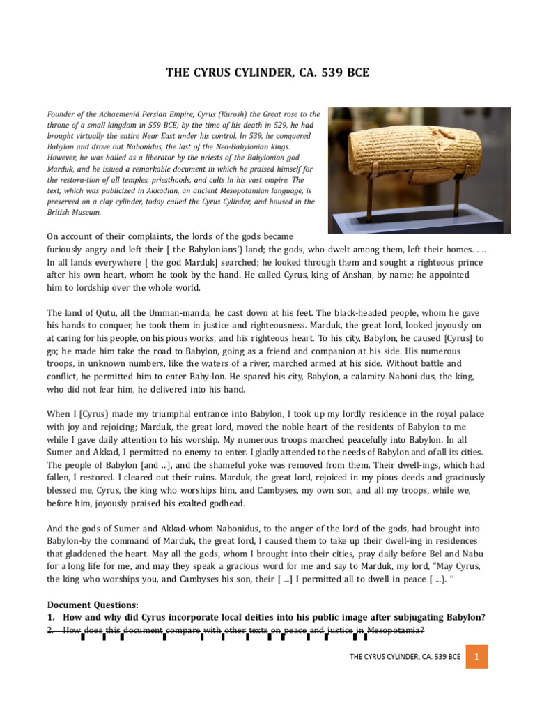 Cyrus Cylinder: Babylon's Liberation, 539 BCE | PDF | Cyrus The Great ...