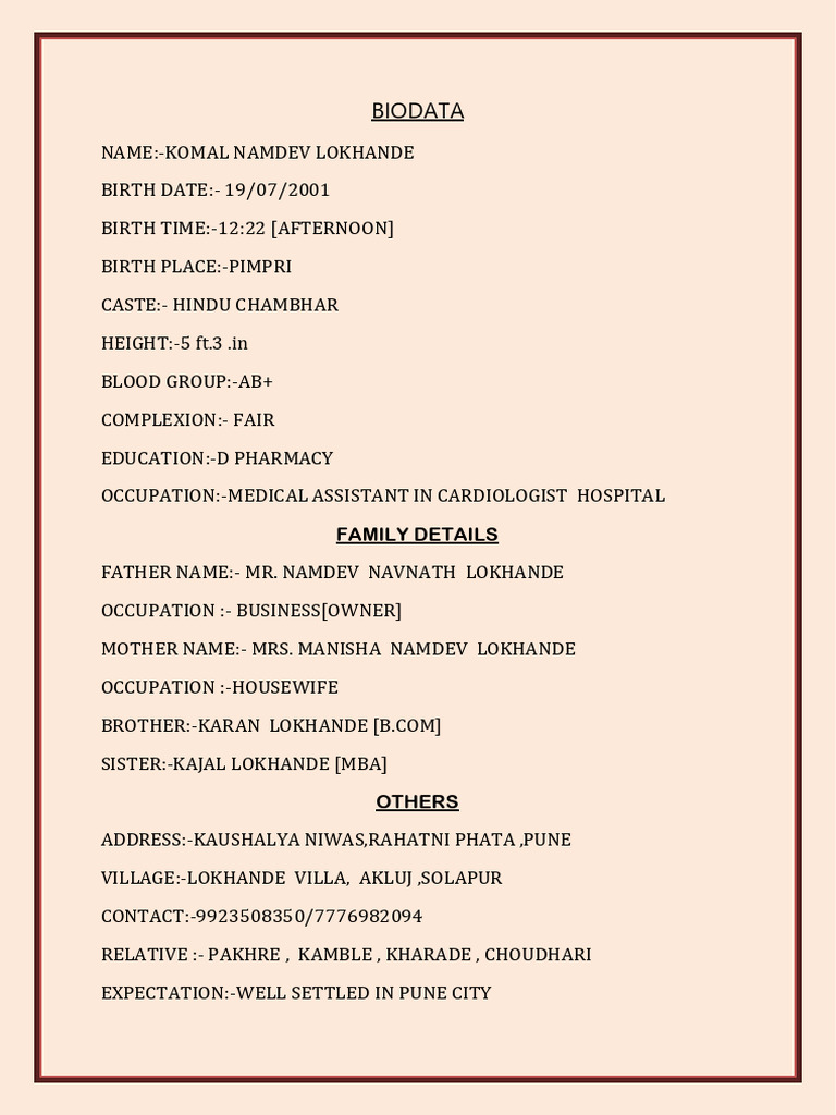 Bio Data Komal Lokhande | PDF