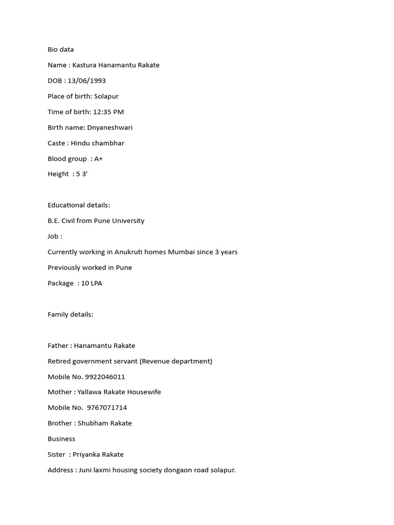 Bio Data Kastura Rakate Updated | PDF
