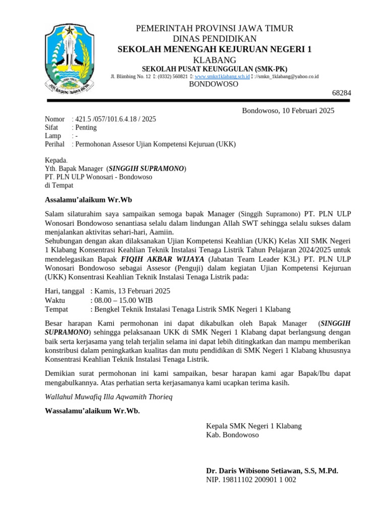 Permohonan Assesor UKK SMK Klabang | PDF