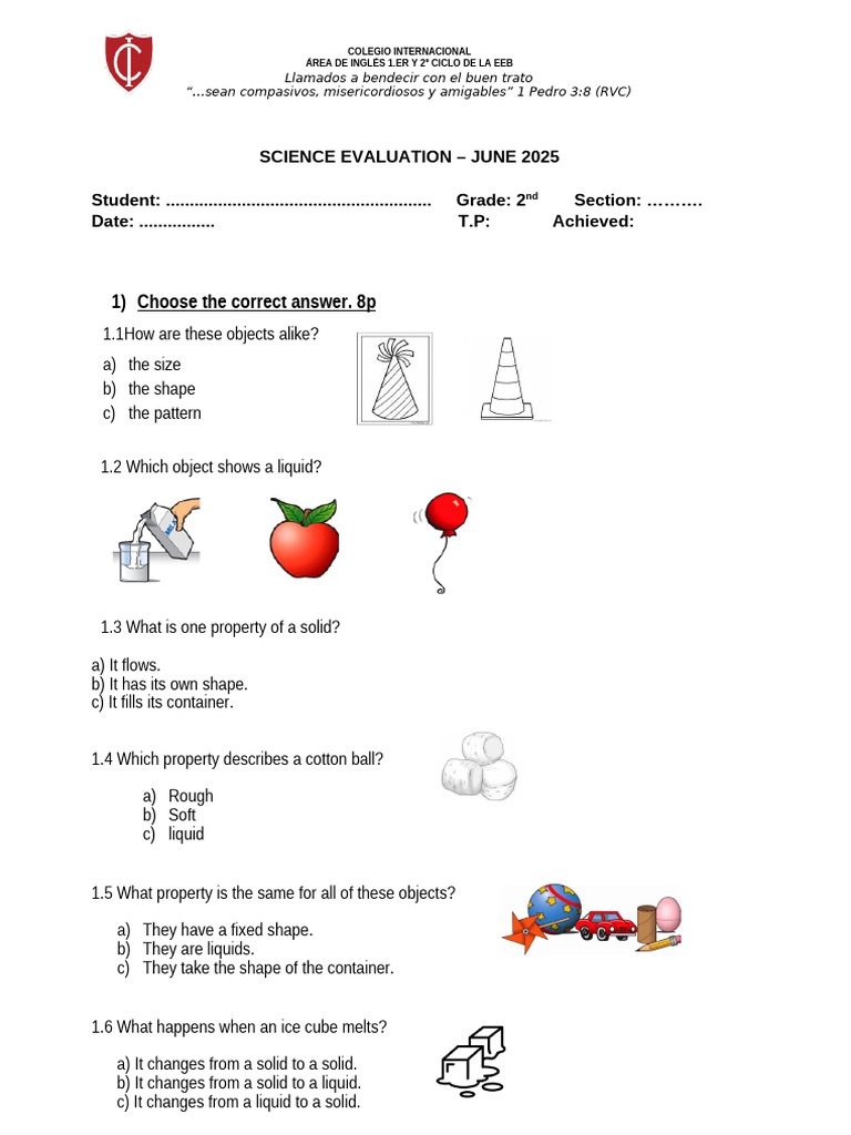 Science and Health Evaluation For Second Grade | PDF | Materials ...