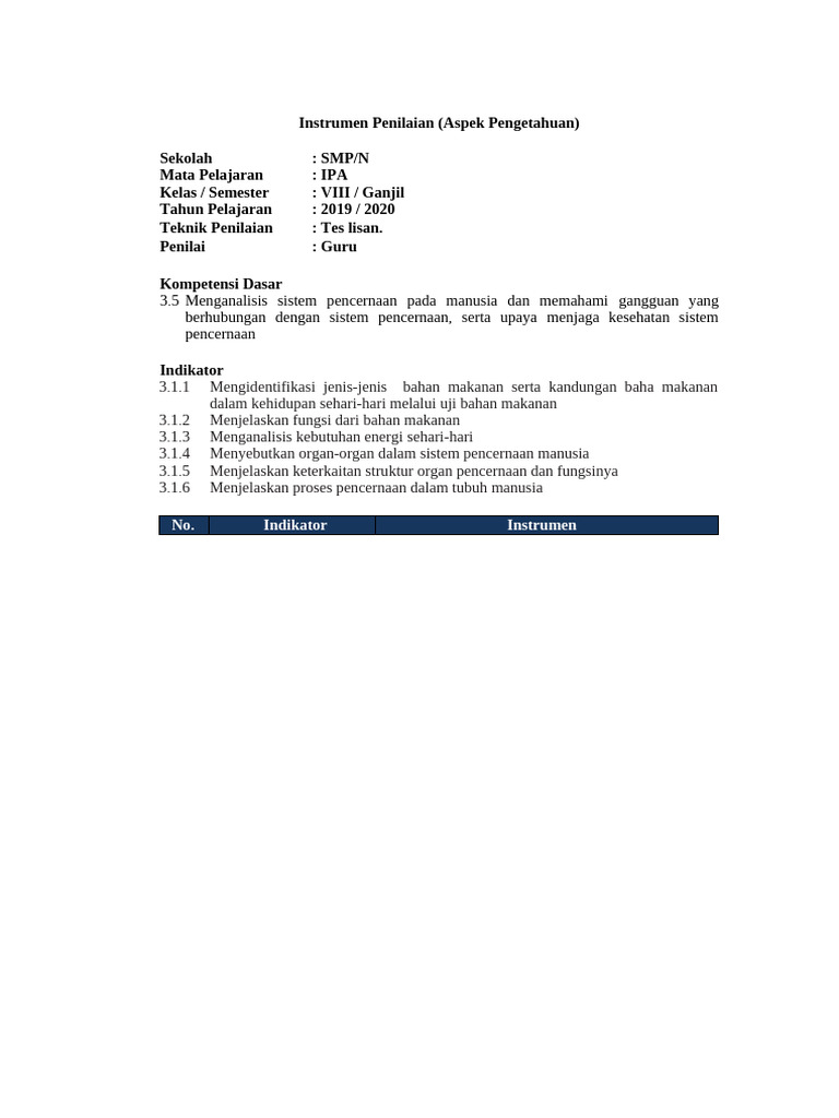 13.instrumen Penilaian Tes Lisan RPP 4 | PDF