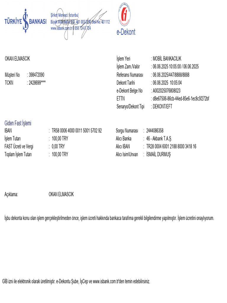 E-Dekont: Giden Fast İşlemi | PDF