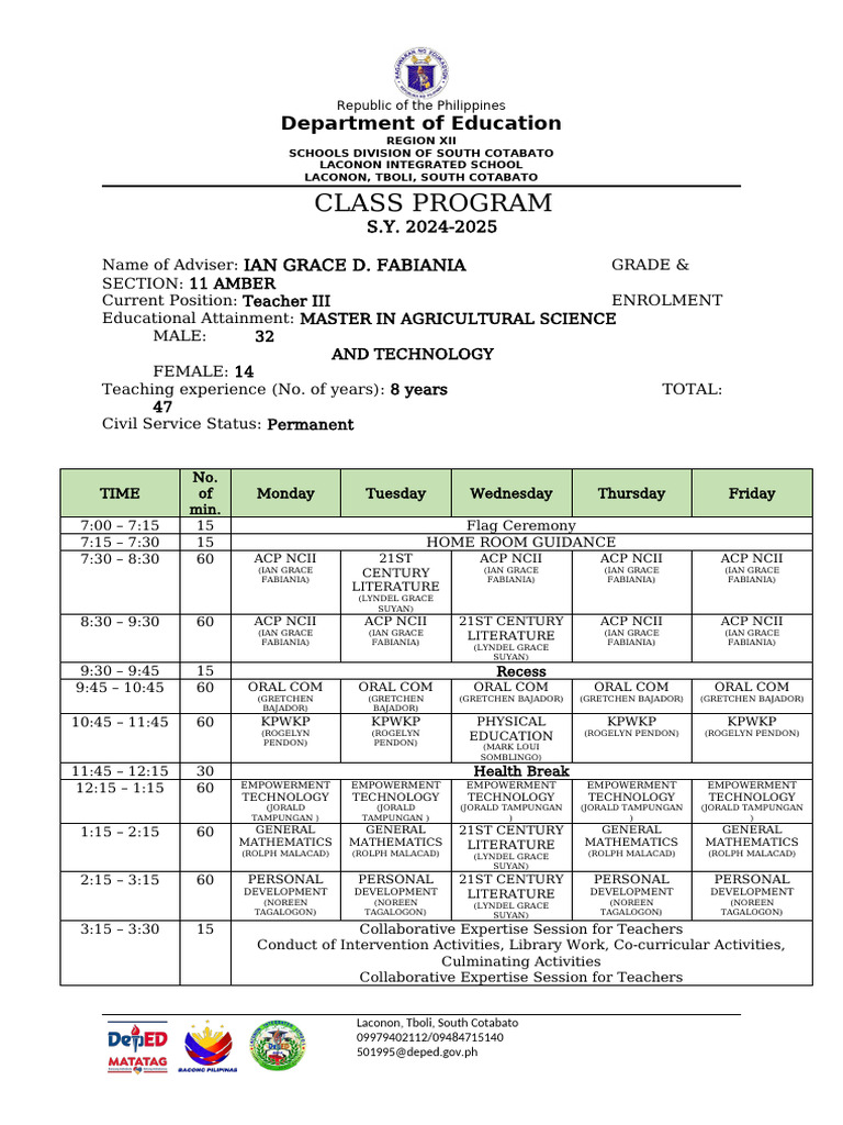 Laconon Integrated School Class Program 2024-2025 | PDF | Learning