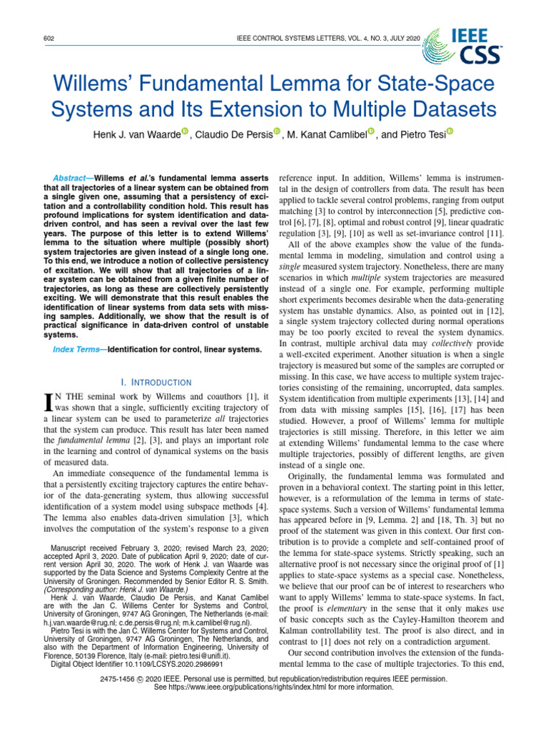 Henk (2020) - Willems' Fundamental Lemma For State-Space Systems and Its Extension To Multiple ...
