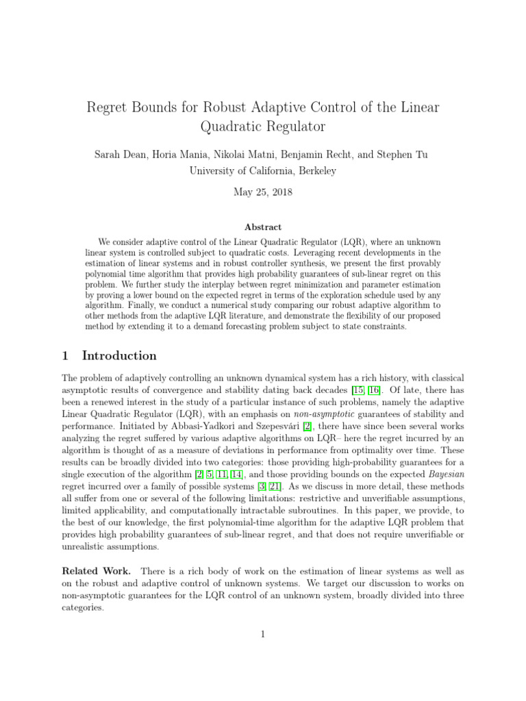 2018-Regret Bounds For Robust Adaptive Control of The Linear Quadratic Regulator | PDF | Optimal ...