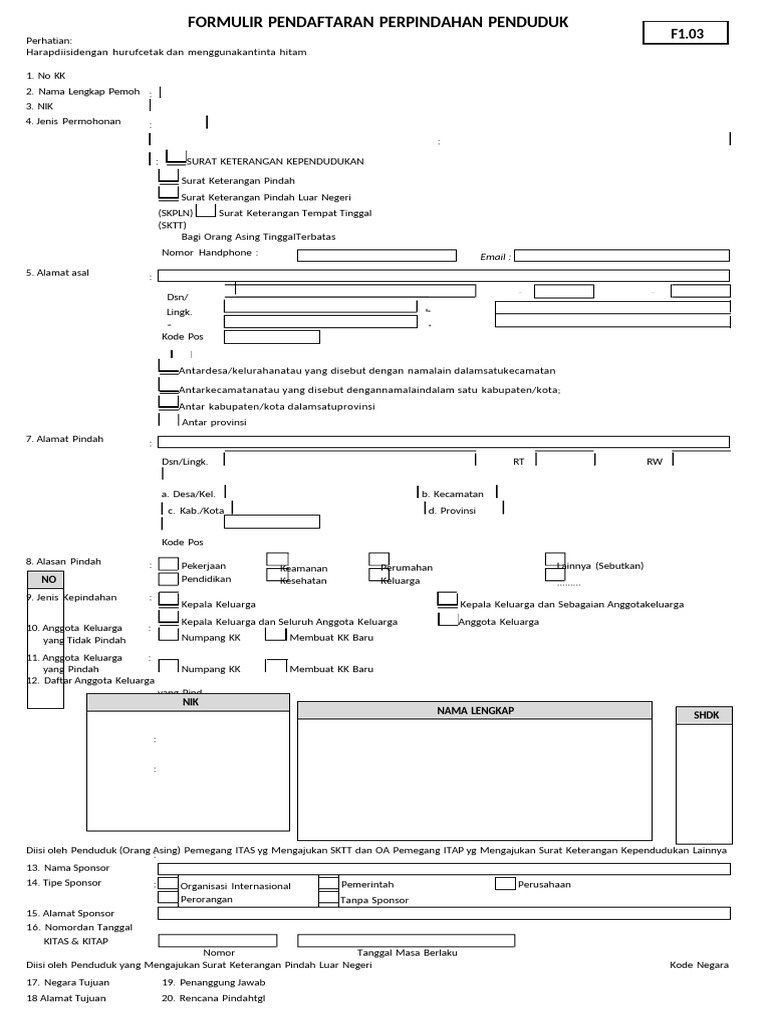 f1.03 Formulir Pendaftaran Perpindahan Penduduk | PDF