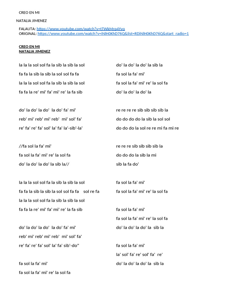 Letra de "Creo en Mí" - Natalia Jiménez | PDF | Teoría musical | Llaves ...