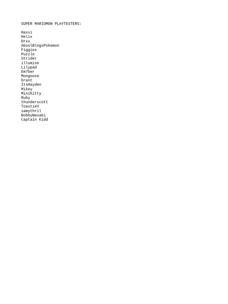 Super Mariomon Playtesters List | PDF