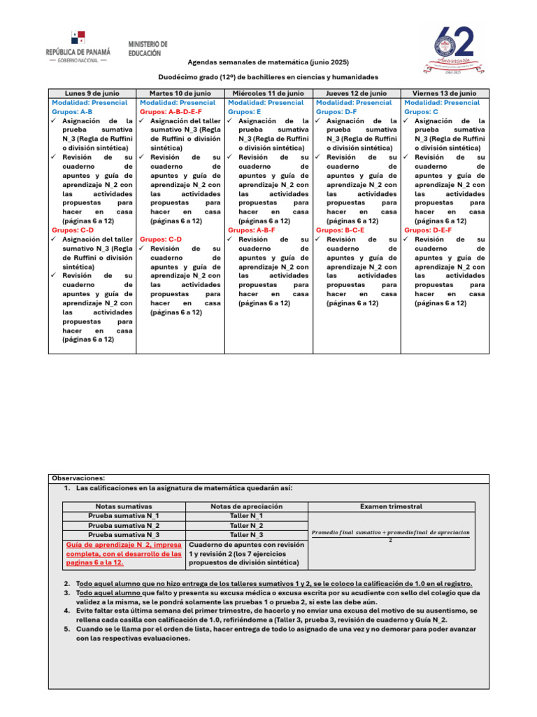 Agendas Matemáticas 12º Grado Junio 2025 | PDF