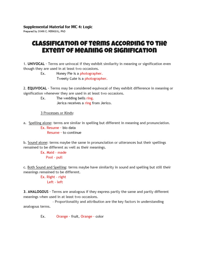 Classification of Terms According To The Extent of Meaning or ...