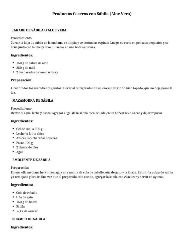Recetas Caseras con Sábila (Aloe Vera) | PDF