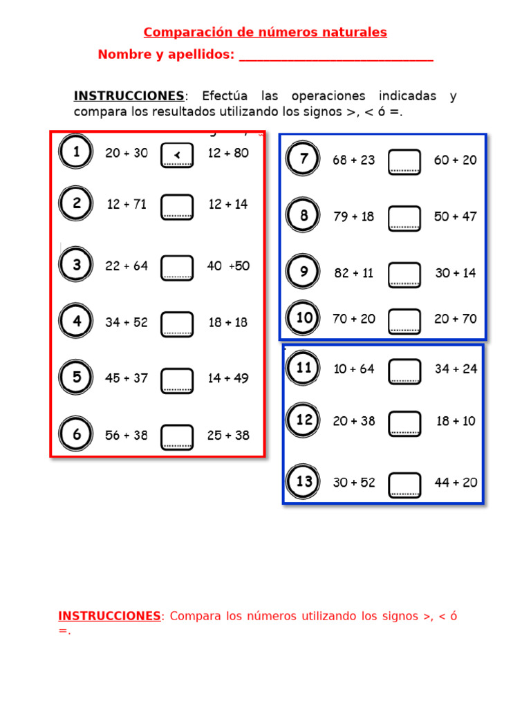 Comparación de Números Naturales | PDF