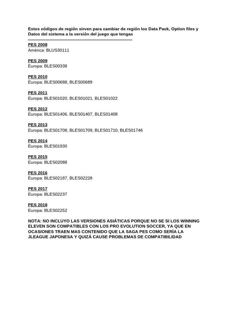 PS3-Códigos de Región Saga Pes | PDF