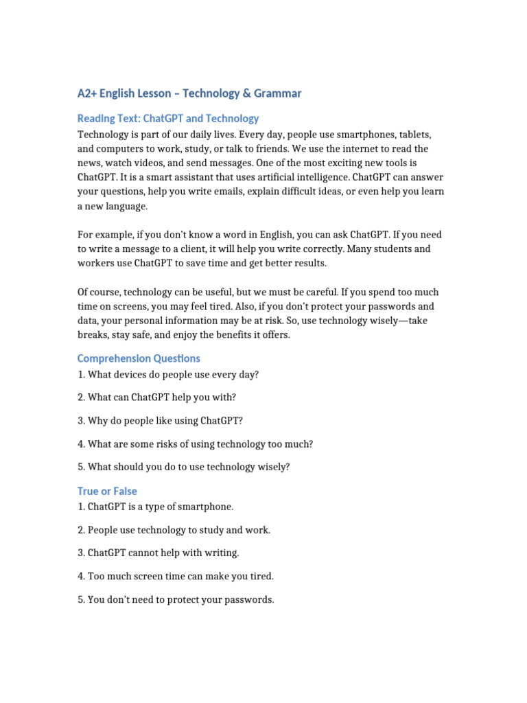 Updated Technology Lesson A2+ | PDF | Password | Reading Comprehension